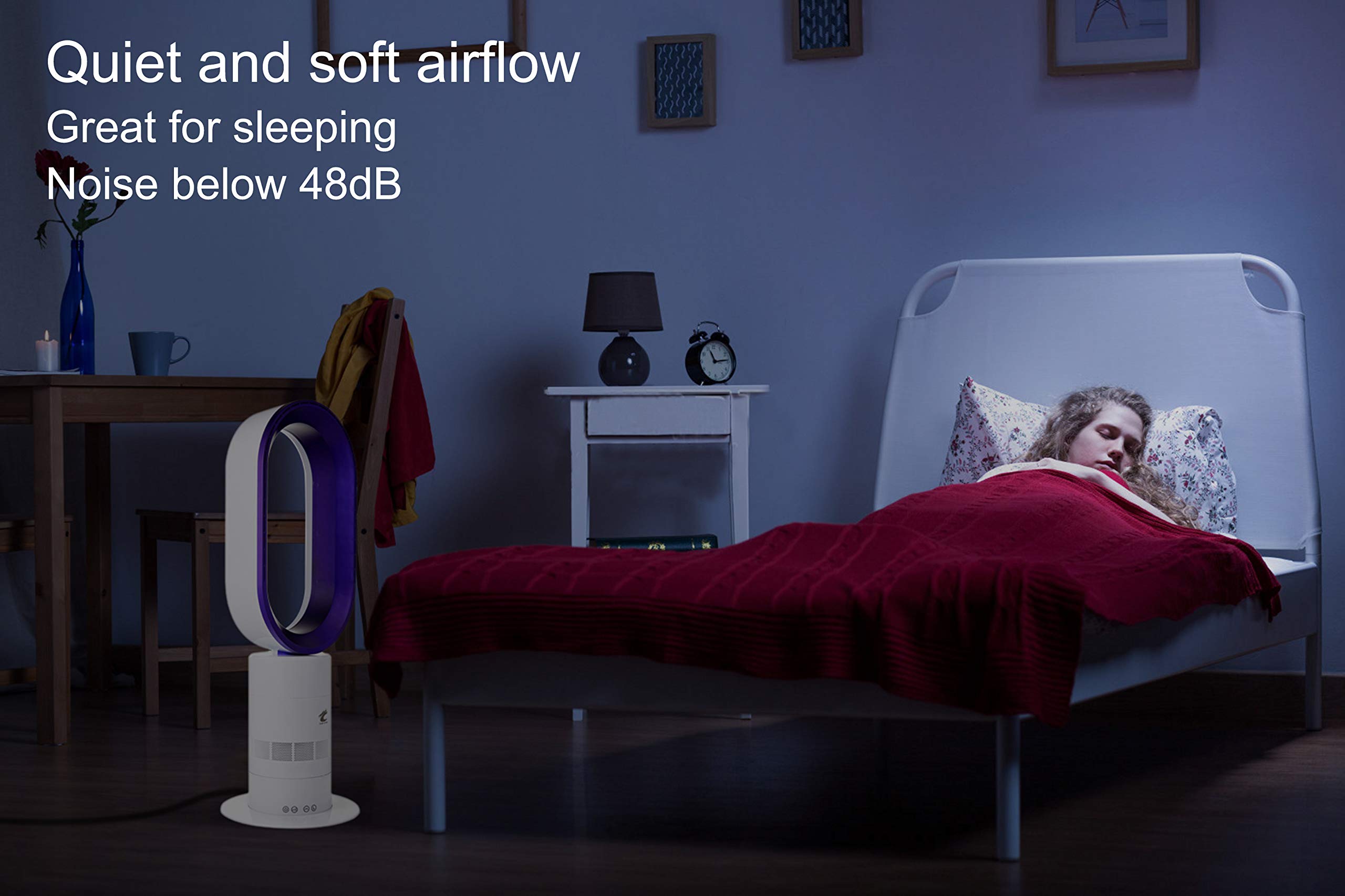 Ocean Loong AB01 Bladeless Tower Fan, 26 Inches 9 Speeds & 9H Timer Table Fan, White Air Circulator Fan for Bedroom Office