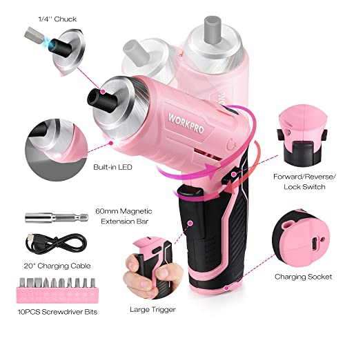 WORKPRO Pink Tool Set with 3.7V Rotatable Electric Screwdriver, 18PCS Portable Ladies Home Tool Kit with Toolbox, Cordless Electric Screwdriver Kit, Household tool kit for Dorm, Apartment -Pink Ribbon