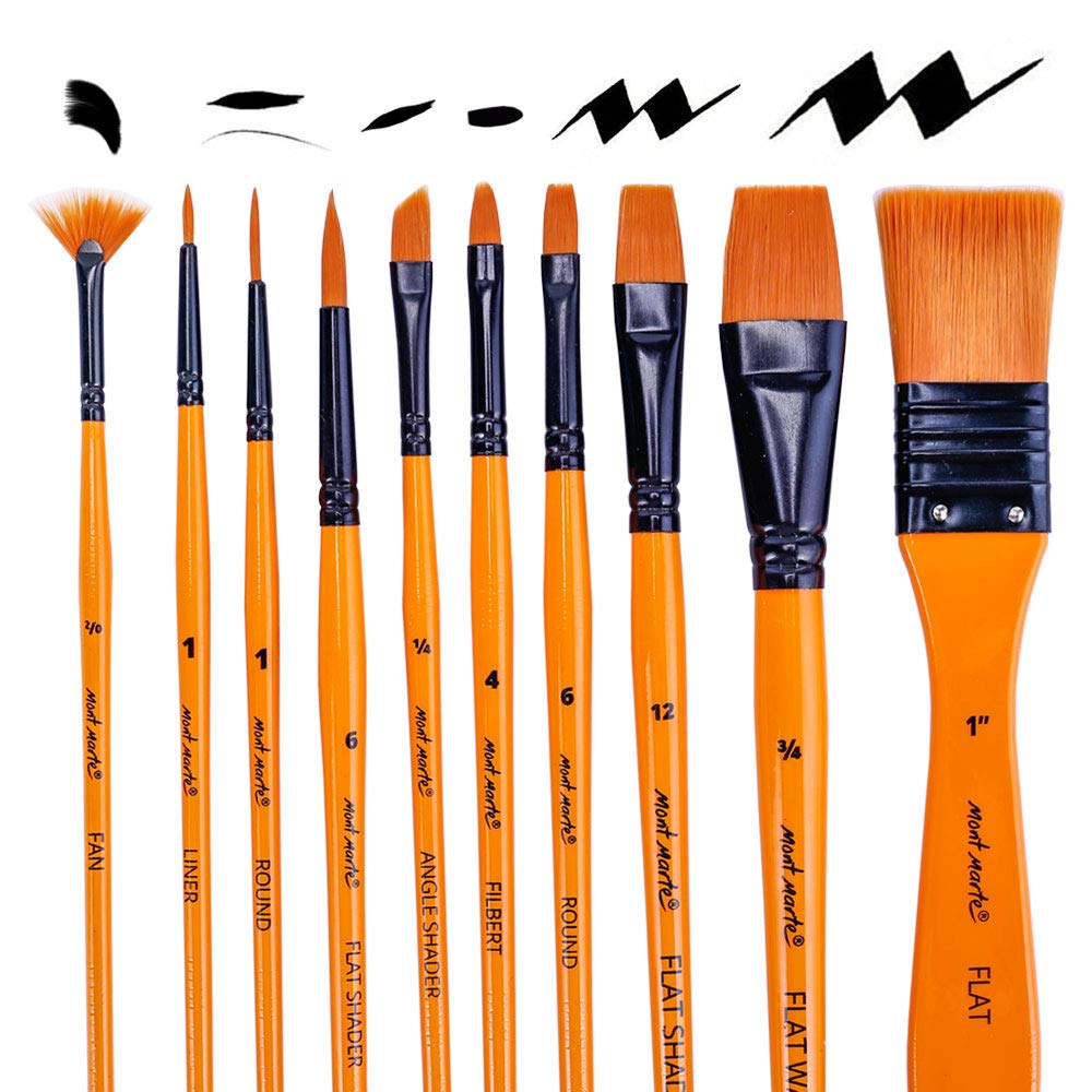 Mont Marte Art Paint Brushes Set for Painting, 10 Variety of Brushes Types for Class, Kids, Artists- Nice Art Brushes for Acrylic Painting