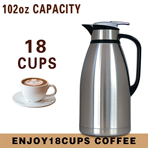 Thermal Coffee Carafe 102OZ, Goteble Double Wall Vacuum Flask, 3L Large Capacity Suitable for Large Family and Small Party Silver