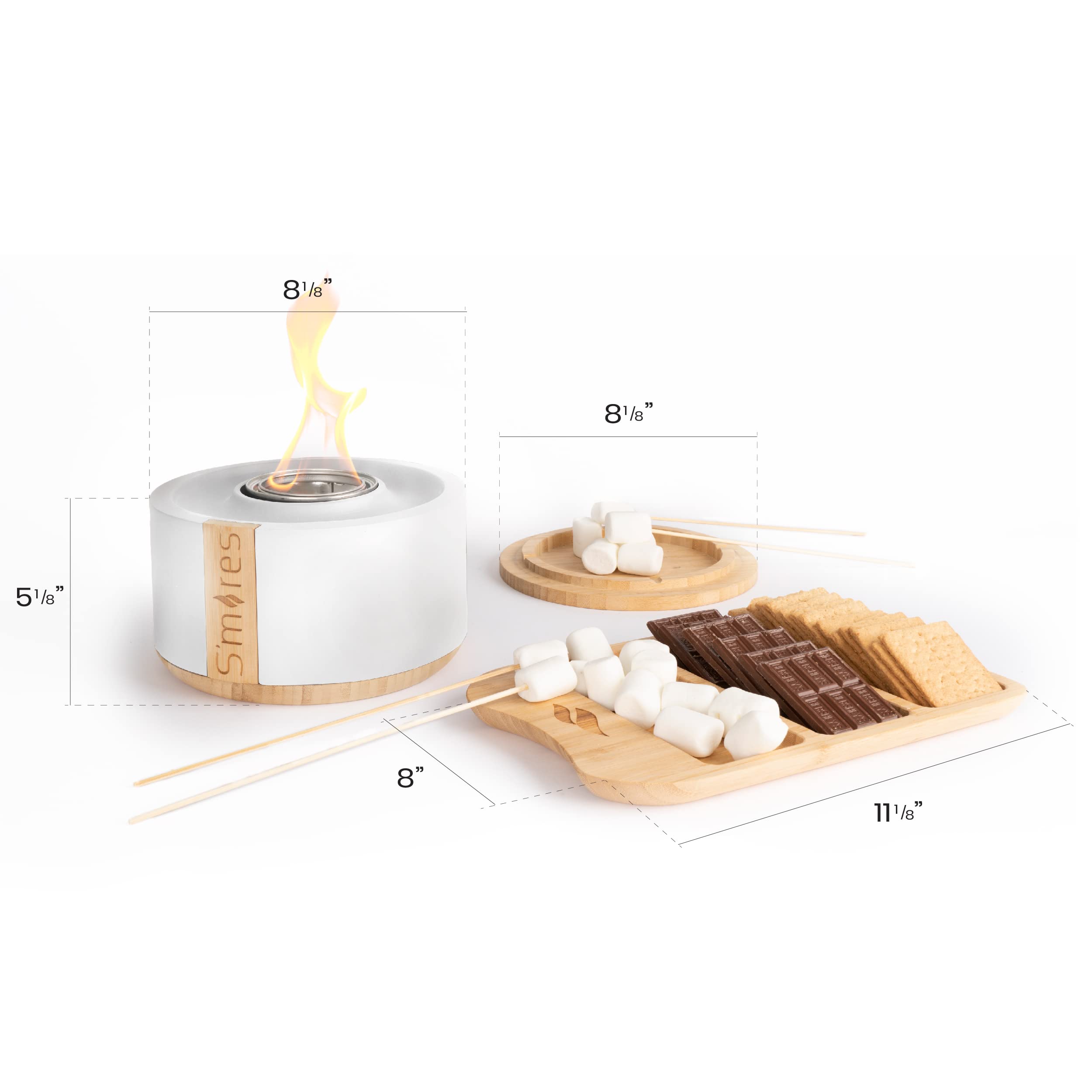 TerraFlame Portable Indoor and Outdoor Smoke Free Clean Burning Gel Fuel S'mores Roaster Tabletop Gift Set with Bamboo Tray - White