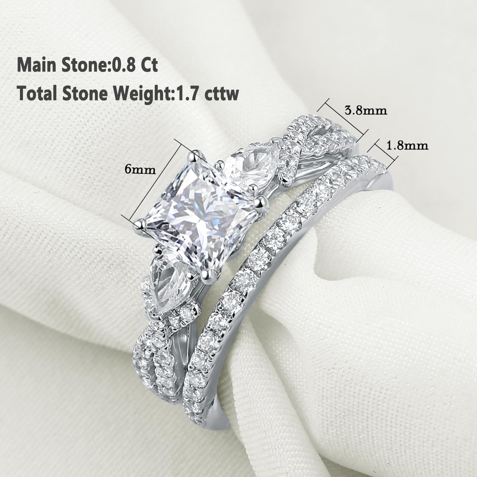 Newshe 1.7ct Princess Pear White AAAAA Cz 925 Sterling Silver Engagement Wedding Ring Set Size 7