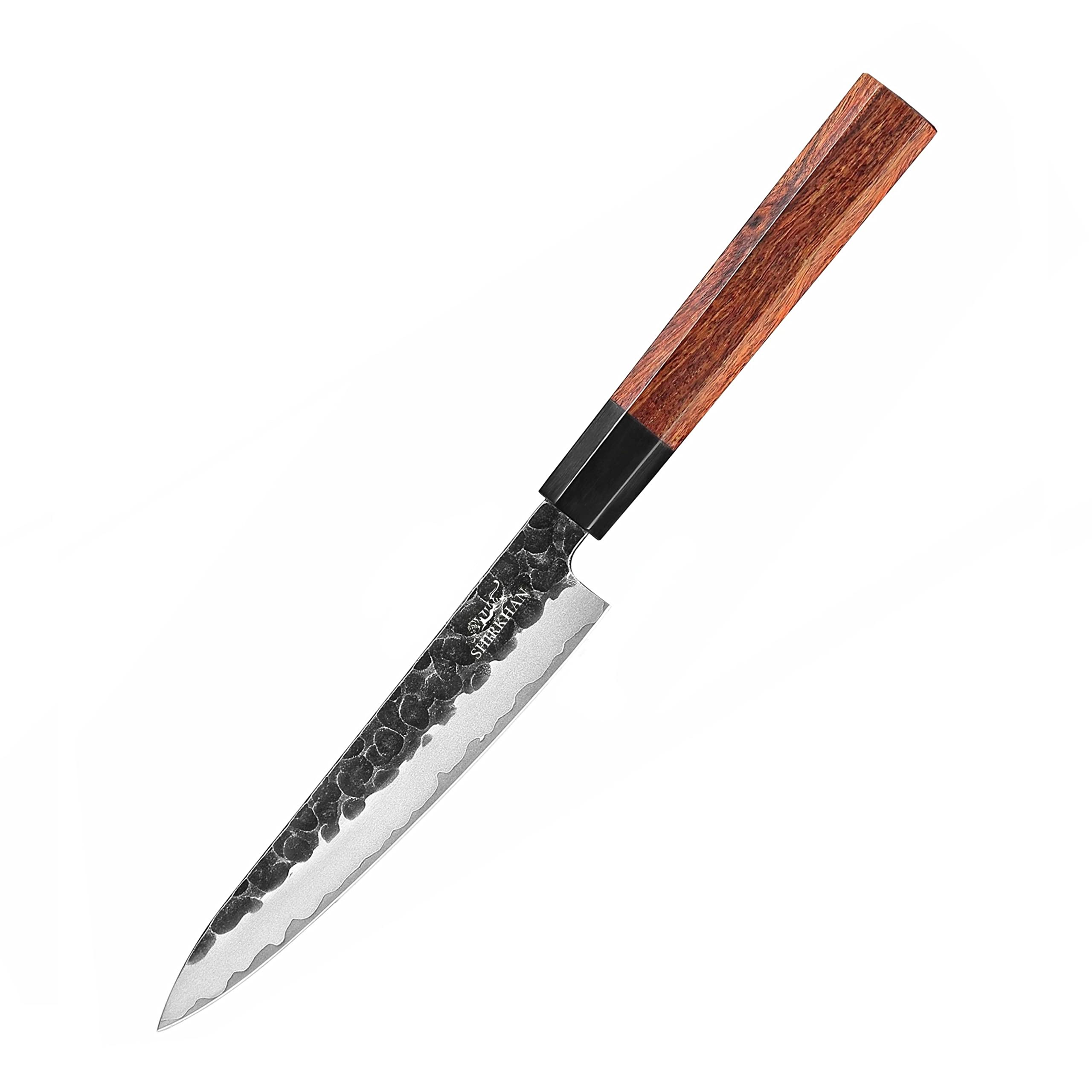 SHIRKHAN Utility Knife 6 Inch - Professional Japanese Petty Kitchen Knife - High Carbon Hand Hammered Clad Steel Blade 10Cr15CoMoV Cutting Core - Octagon Redwood Handle - Gift Box