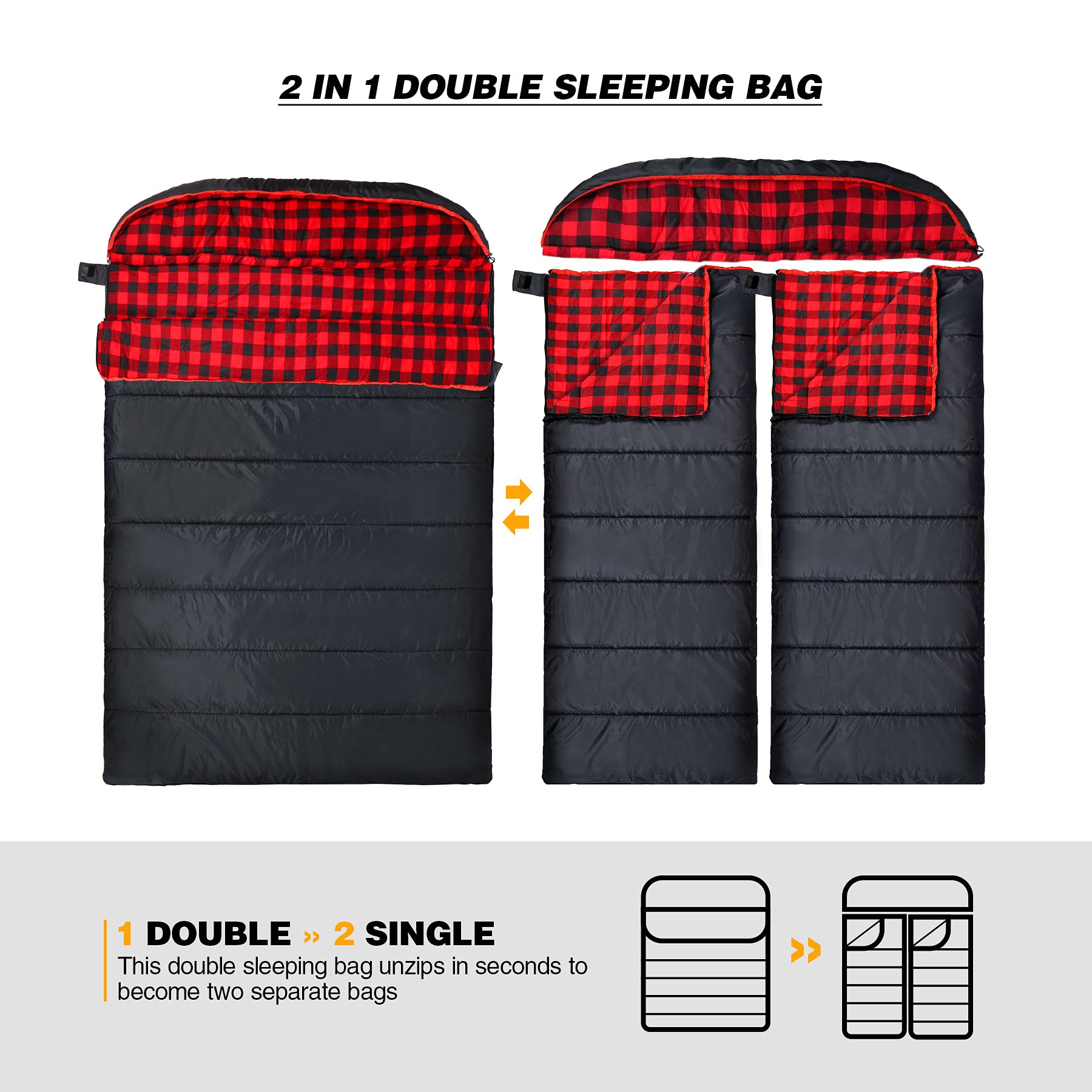 REDCAMP Large Cotton Double Sleeping Bag for Adults, 2 Person Cold Weather Warm Queen Size Flannel Sleeping Bags for Camping, Black