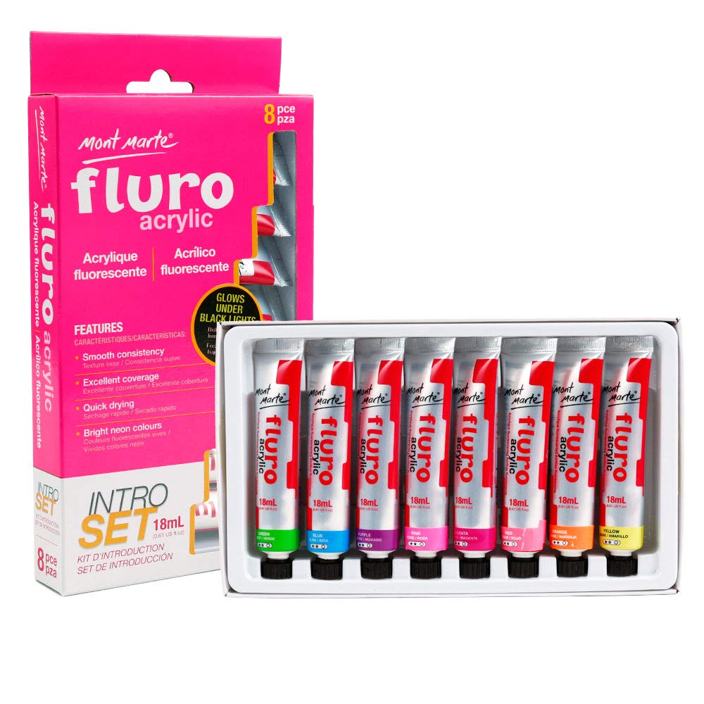 Mont Marte Fluoro Acrylic Paint Intro Set, 8 x 0.61oz (18ml) Tubes, 8 Colours, Suitable for Use with Canvas, Card, Paper and Wood