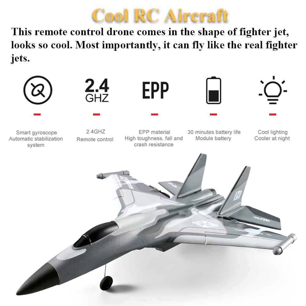 NEXTAKE RC Fighter Jet, 2.4GHz Remote Control Aircraft Warplane Fighter Remote Control Warcraft EPP Plane RC Warplane Glider Throw to Fly Drone with Smart Gyroscope (Gray)