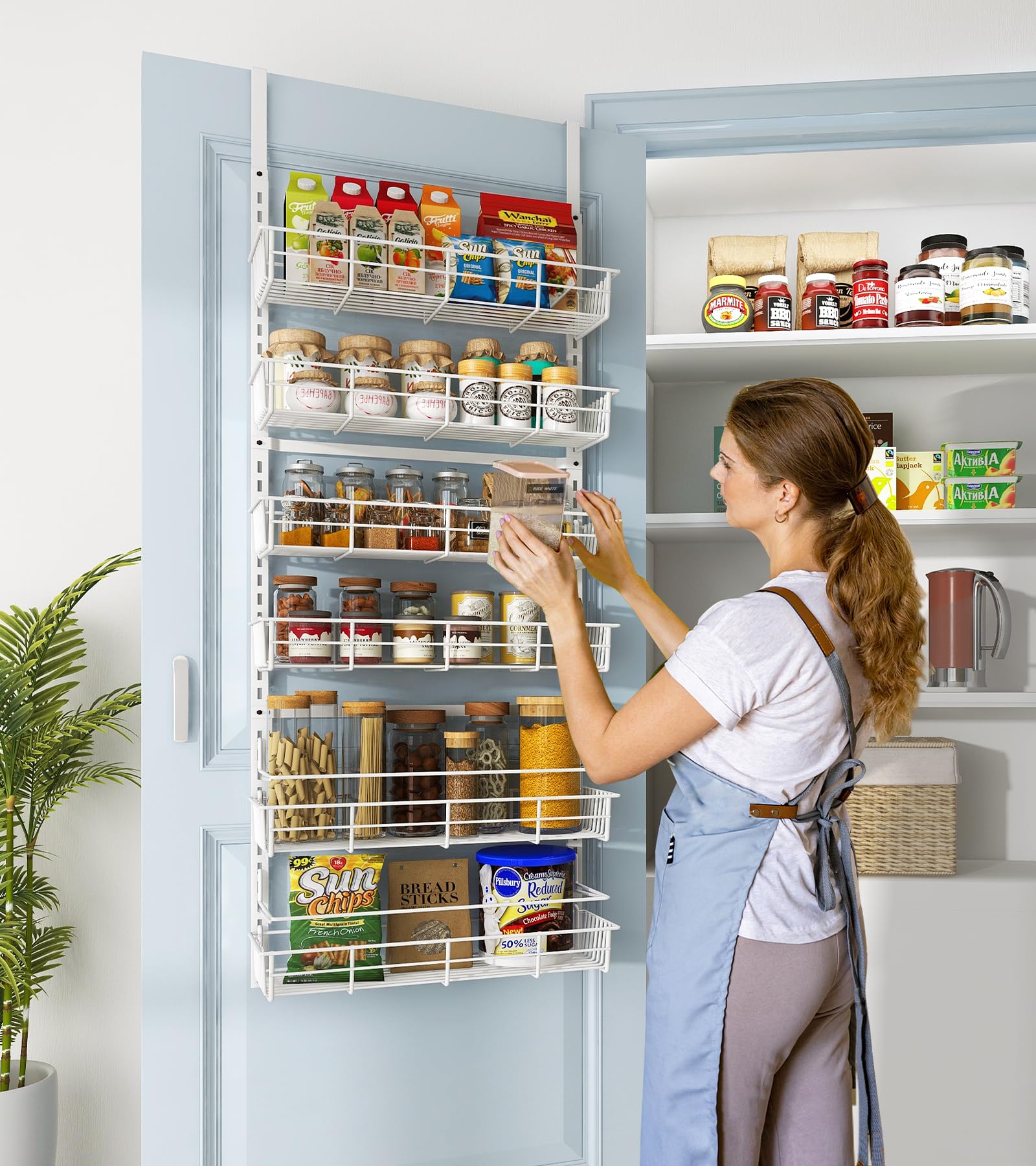 Mefirt Over The Door Pantry Organizer, Wall Mount Spice Rack, Pantry Hanging Storage and Organization, 6 Adjustable Baskets Heavy-Duty Metal for Home & Kitchen, Back of Door Seasoning Rack - White