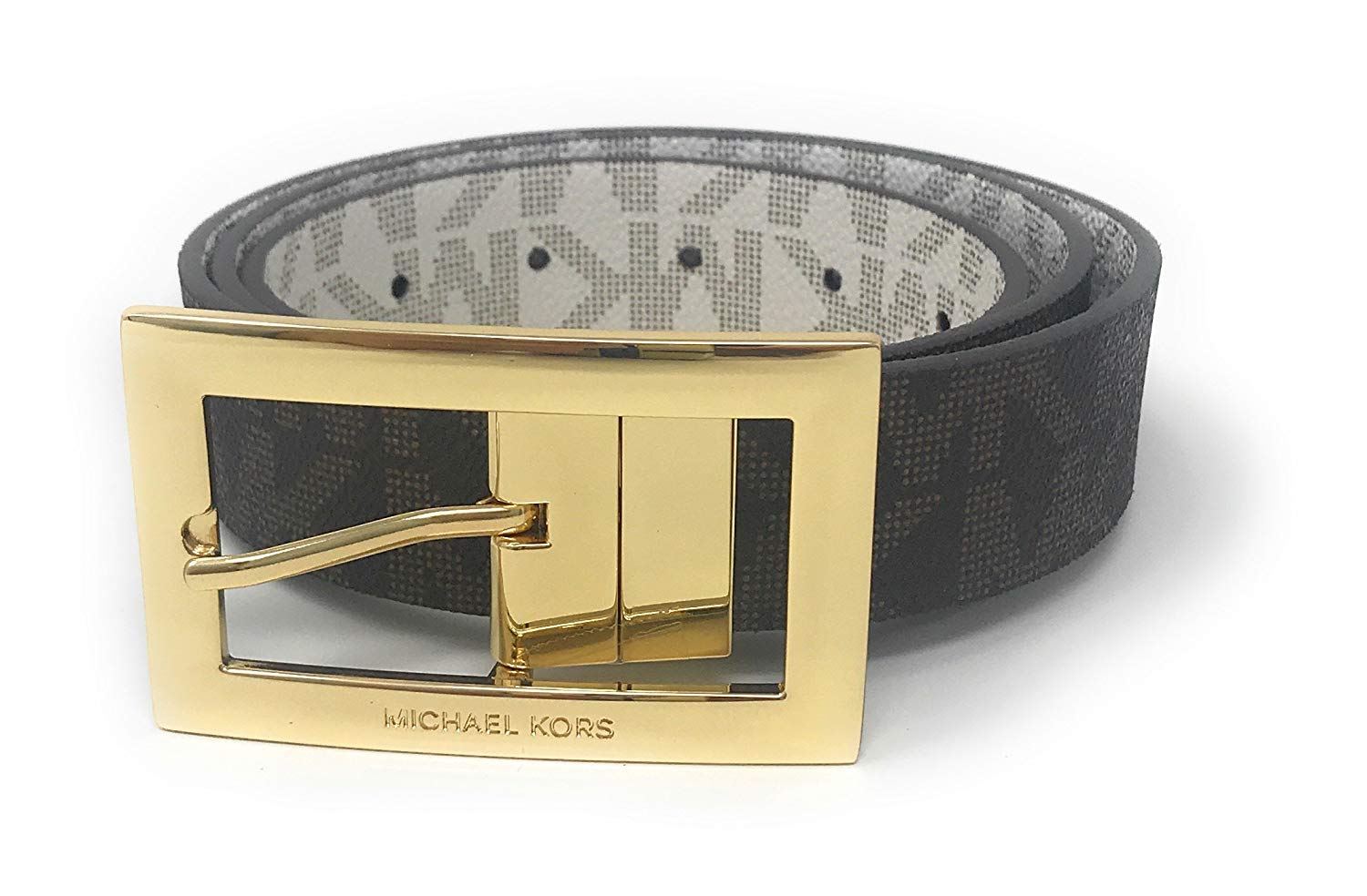 Michael Kors Women's Rectangle Buckle Reversible Brown To Vanilla Logo Belt (M)