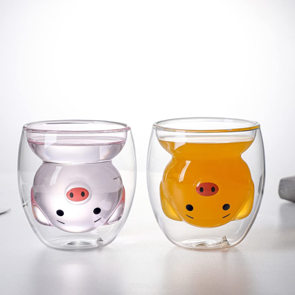 TREEWOO Creative Coffee Mug Cute White Pig Double Wall Milk Juice Tea Glass Cup Heat Resistant Drinkware Crystal Valentine's Day Gift