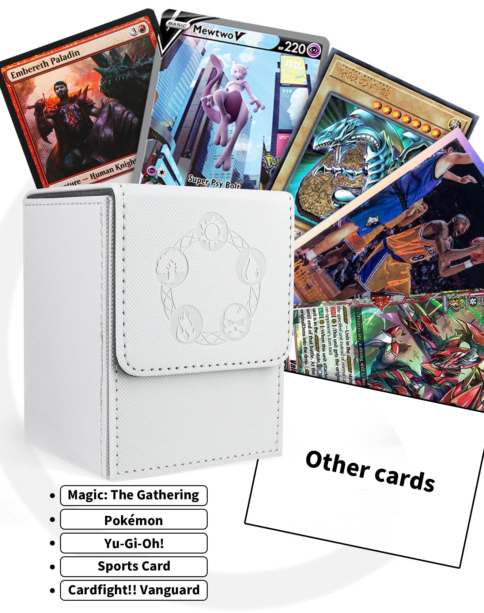 ZLCA Card Deck Box for MTG, Card Storage Box Fits 100+ Single Sleeved Cards, PU Leather Strong Magnet Card Deck Case for Magic Commander TCG Cards (White)