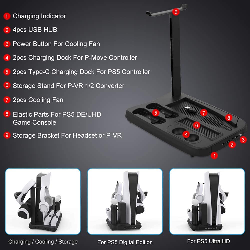 PS5 Charging Stand for Playstation 5/PS5 Ultra HD with Cooling Fan/P-Move Controller Charger/P-VR 1/2 Converter Storage Stand,PS5 Vertical Station Dock with 4 Controller Chargers Game Storage