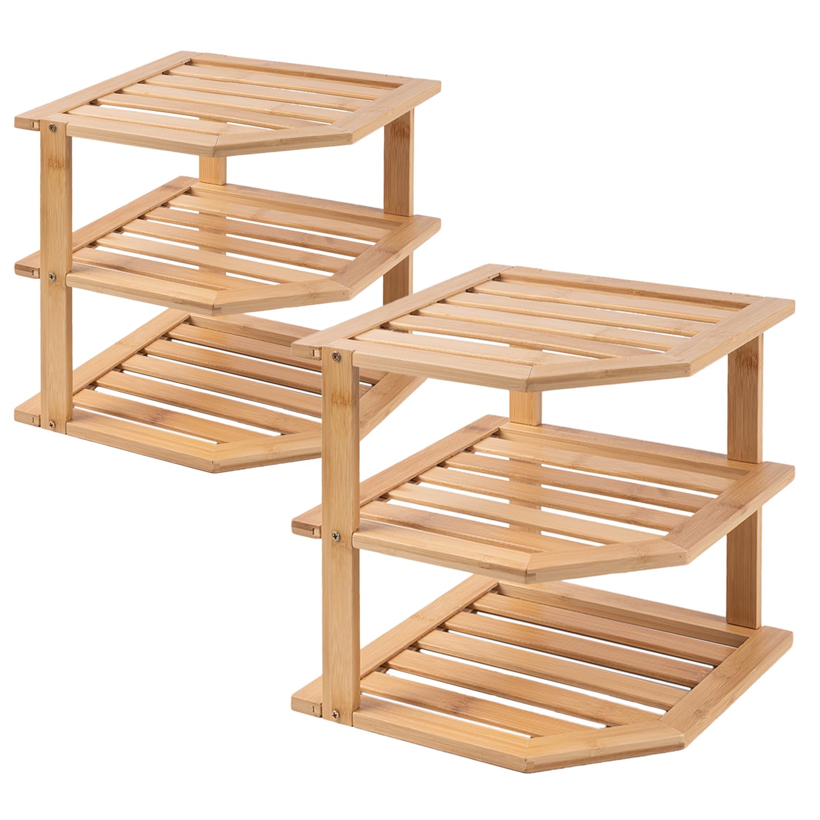 VERTORGAN 3 Tier Bamboo Corner Shelf Set of 2,Dish Drying Rack,Plate Organizer,Spice Rack for Countertop & Cabinet,Bathroom Counter Organizer,Kitchen Cabinet Organizer,Pantry Organization and Storage