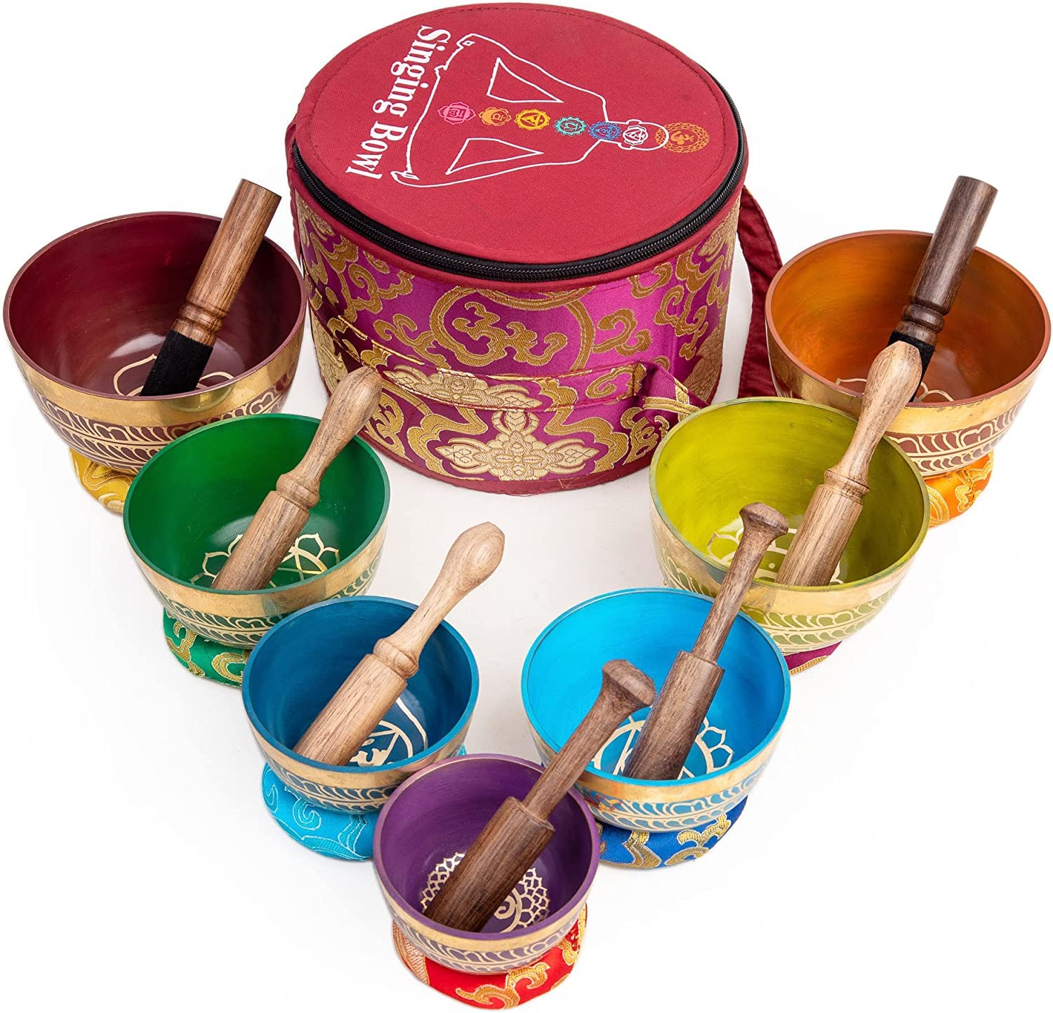 Tibetan Singing Bowls Set Of 7 Color for Meditation Mindfulness with Carry Box by Himalayan Bazaar