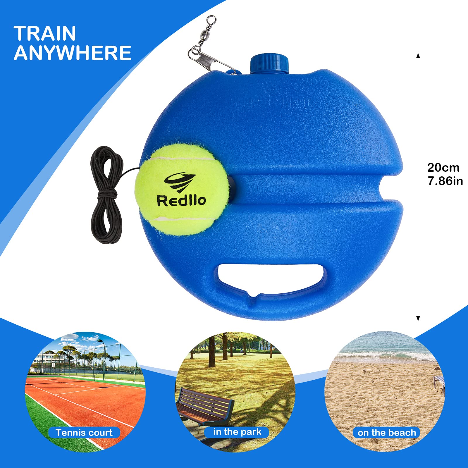 Redllo Solo Tennis Trainer Rebound -Portable Tennis Equipment for Self-Practice Includes 4 String Balls 2 Tennis Vibration Dampeners.Works for Kids, Beginners