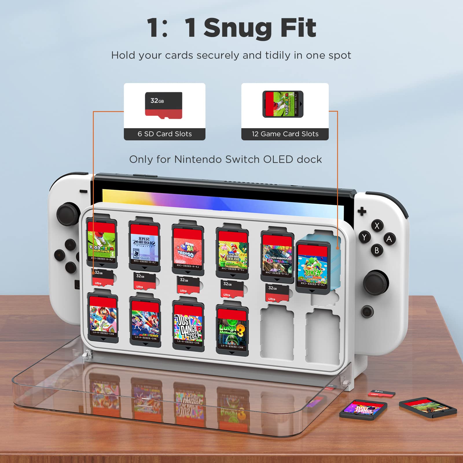 TiMOVO Switch Game Card Case for Nintendo Switch OLED Dock, Game Holder with 12 Cartridge Slots and 6 Micro SD Card Storage, Clear Game Card Display Cabinet Box Organizer fit Switch OLED Station,Clear