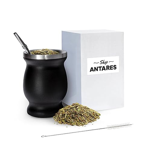 Shop Antares Mate Cup And Bombilla Set - Yerba Mate set Includes One Yerba Mate Cup, One Bombilla Mate (Straw) and Brush - Stainless Steel Double-Wall | Easy to Clean (Black)