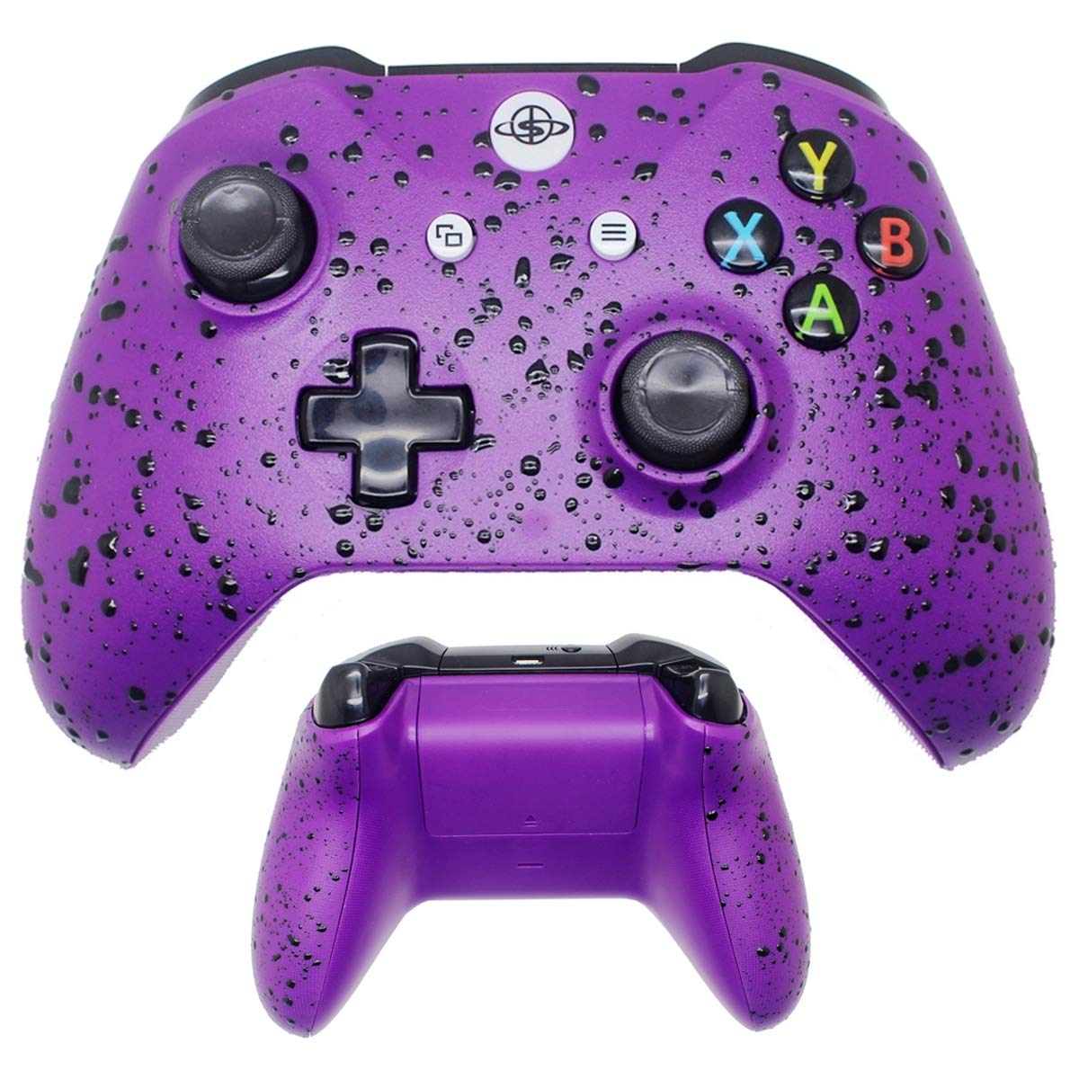 Purple 3D Splashing Faceplate Cover Textured Front Housing Shell Case, Back Cover Bottom Case, Non-Slip Back Panels Right Left Rails Rear Handle Grips Mod Kit Replacement for Xbox One S & X Controller