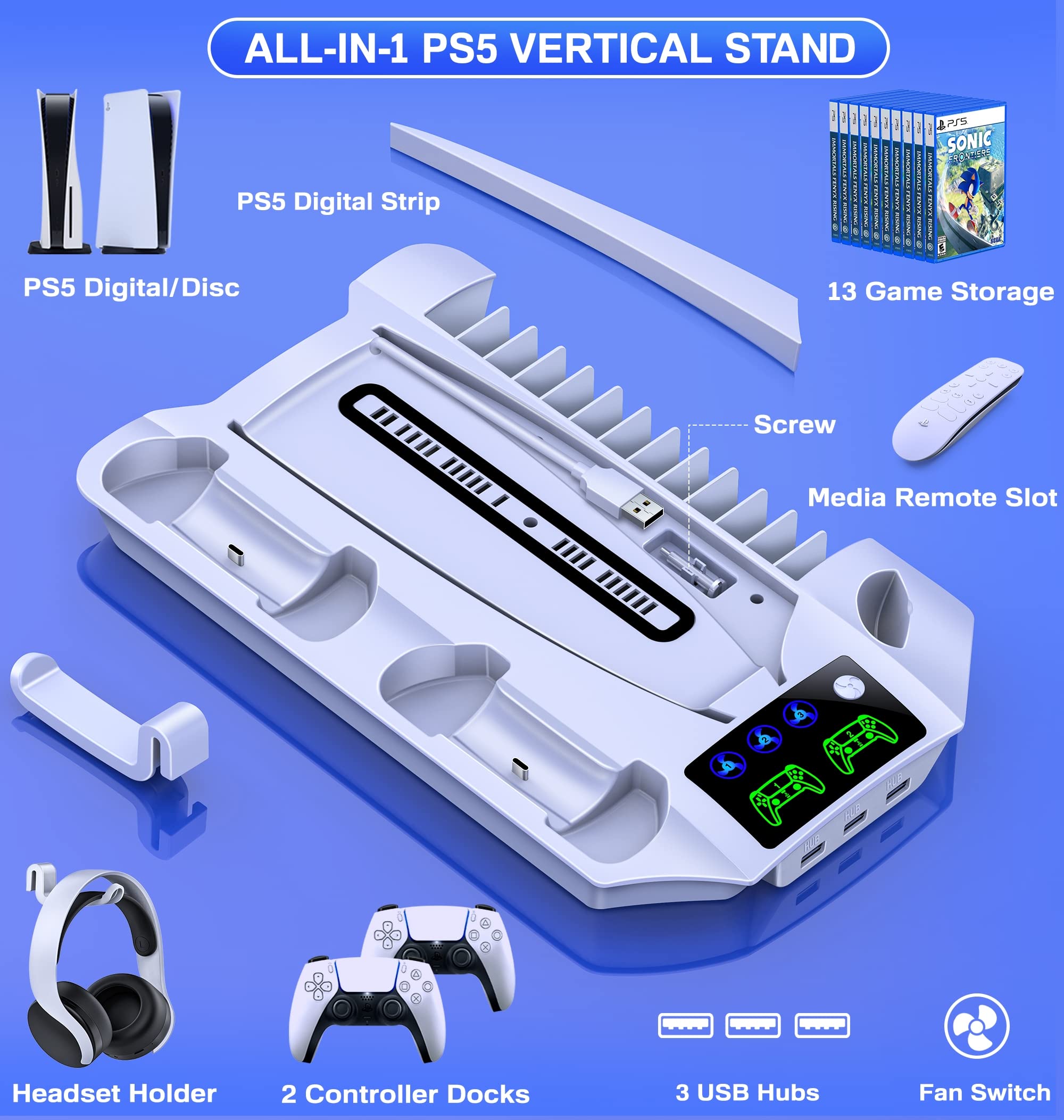 Vertical Cooling Stand for PS5 with 13 Game Storage and Dual Fast Controller Charging Station