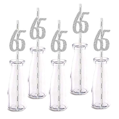 Silver Happy 65th Birthday Straw Decor, Silver Glitter 24pcs Cut-Out Number 65 Party Drinking Decorative Straws, Supplies
