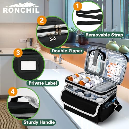 RONCHIL Medicine Storage Bag Pill Bottle Organizer with Portable Small Pouch Travel Medication Bottle Organizer for Emergency Home First Aid Box Kit Empty with Shoulder Strap Black