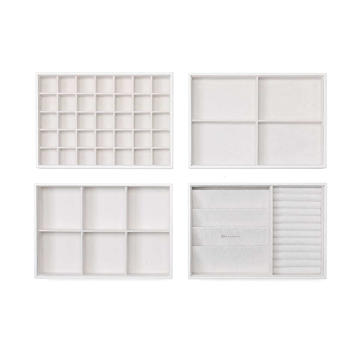 Vlando Jewelry Tray - Faux Leather Glass-top Jewelry Storage Organizer - Earring Necklace Bracelet Ring Display Desktop Drawer Chest, 4-Layer w/Clear Lid, White