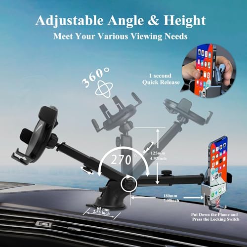 Ronnaquetta Phone Holder Car 1S Quick Release, Car Charger Voltage Display Car Phone Holder Adjustable 360 Rotation Phone Mount Cell Phone Car Mount be Applied to Dashboard or Windshield