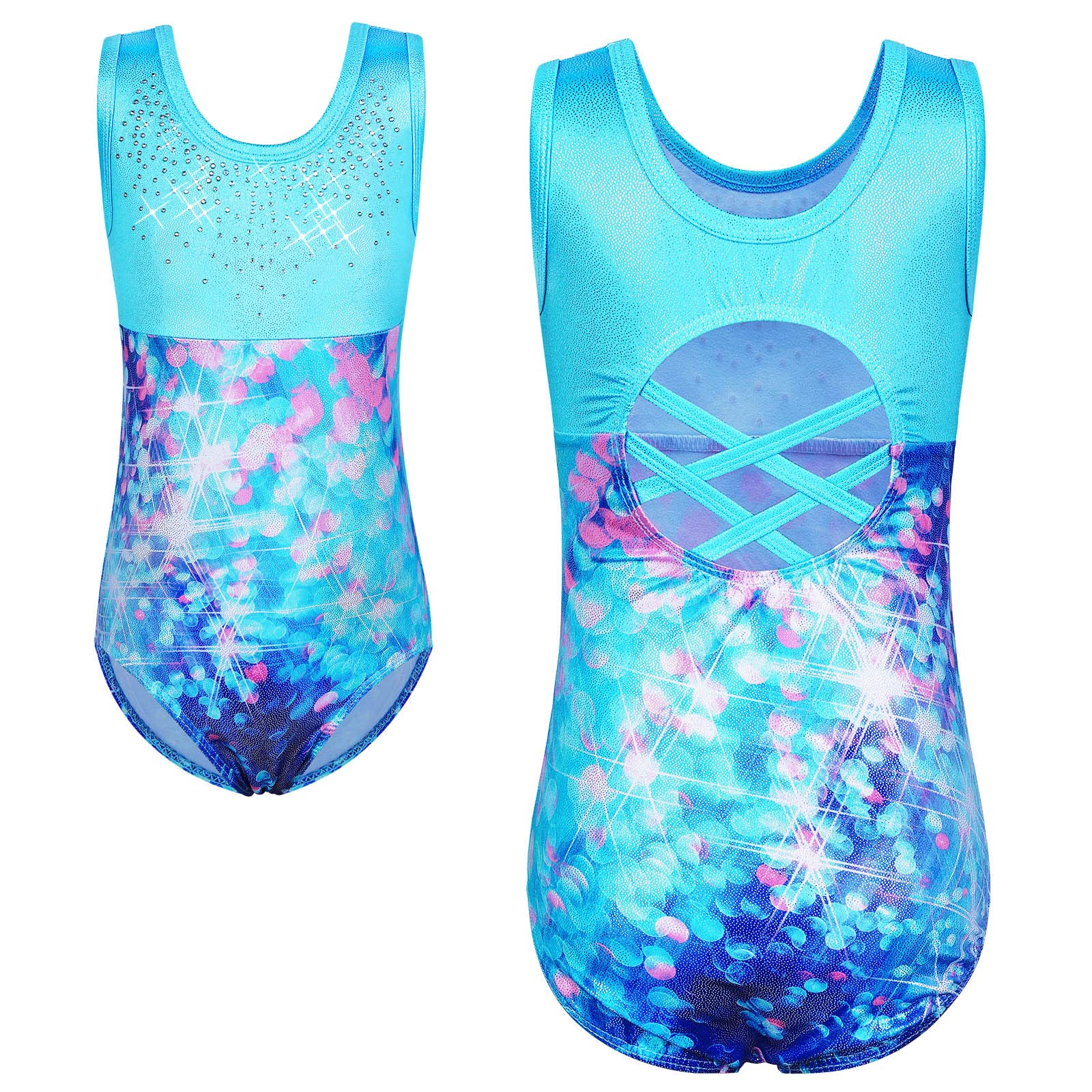 TFJH E Girls Leotards Gymnastics Clothes Dance Costumes Diamond Activewear Cross Back Blue Spot 8A