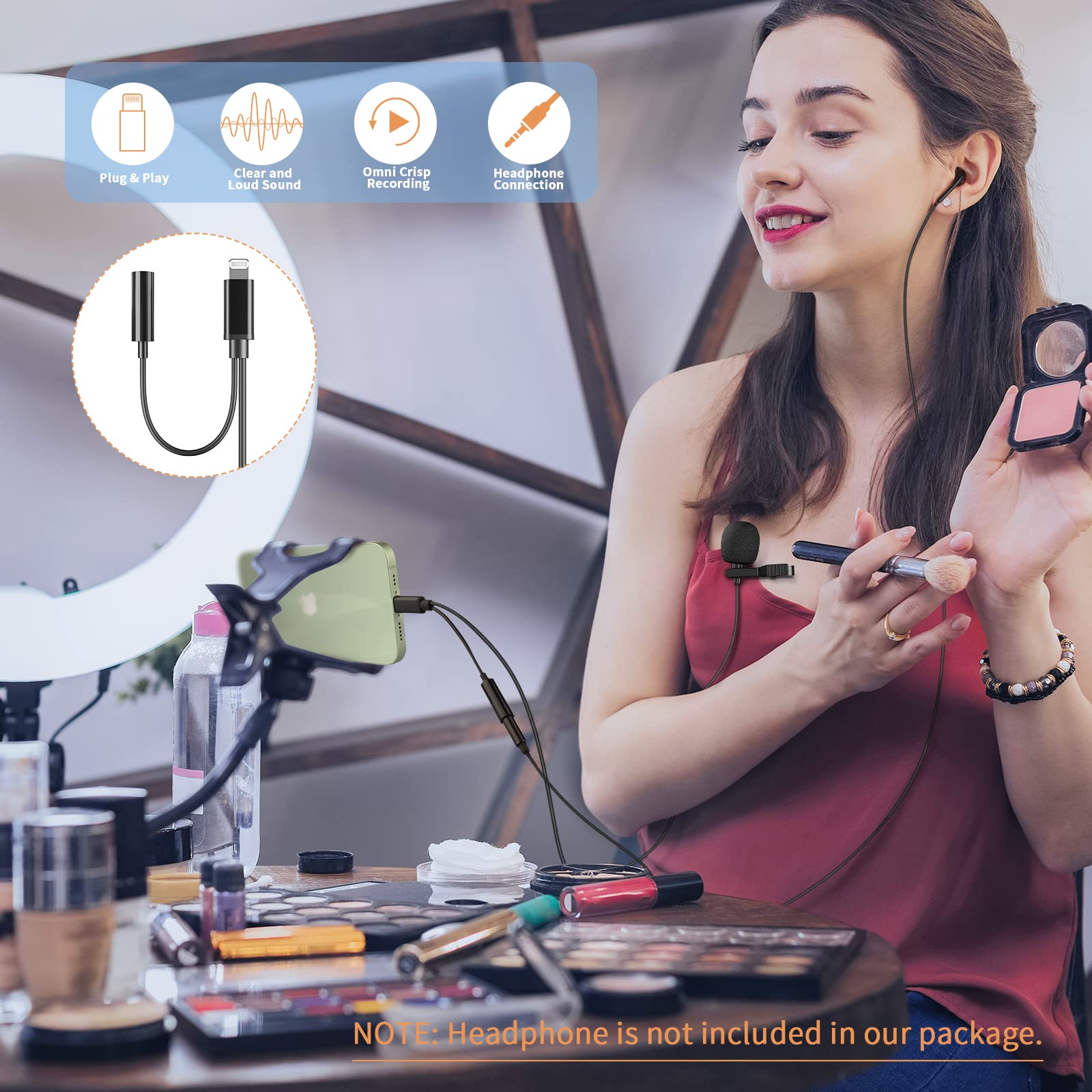 Sovvid Lavalier Lapel Microphone for iPhone with Headphone Monitoring, 2 Foam Mic Covers, Updated Professional Omnidirectional Condenser Mic for Video Recording Tiktok YouTube Vlogging (Lightning)