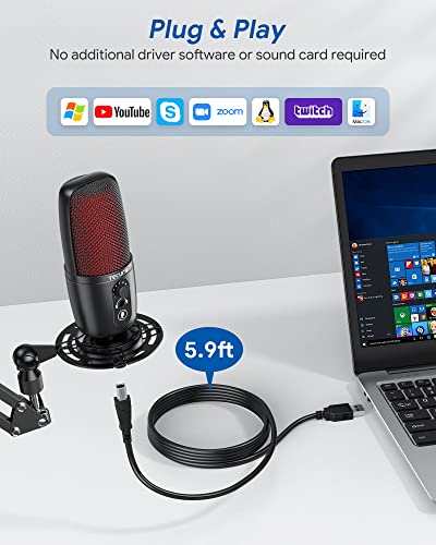 TECURS USB Microphone Condenser, PC Microphone Kit for Computer, Streaming Mic with Adjustable Boom Arm, Gaming,Microphone for Podcast, Twitch, YouTube, PS4, PS5