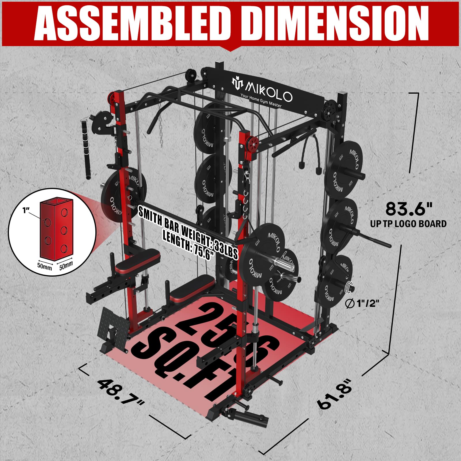 Mikolo Smith Machine, 2000LBS Multifunctional Squat Rack with LAT Pull Down System&Cable Crossover Machine for Home Gym, Power Cage with Dip/Leg Raise Attachments, Free Handles, Band Pegs(Red)