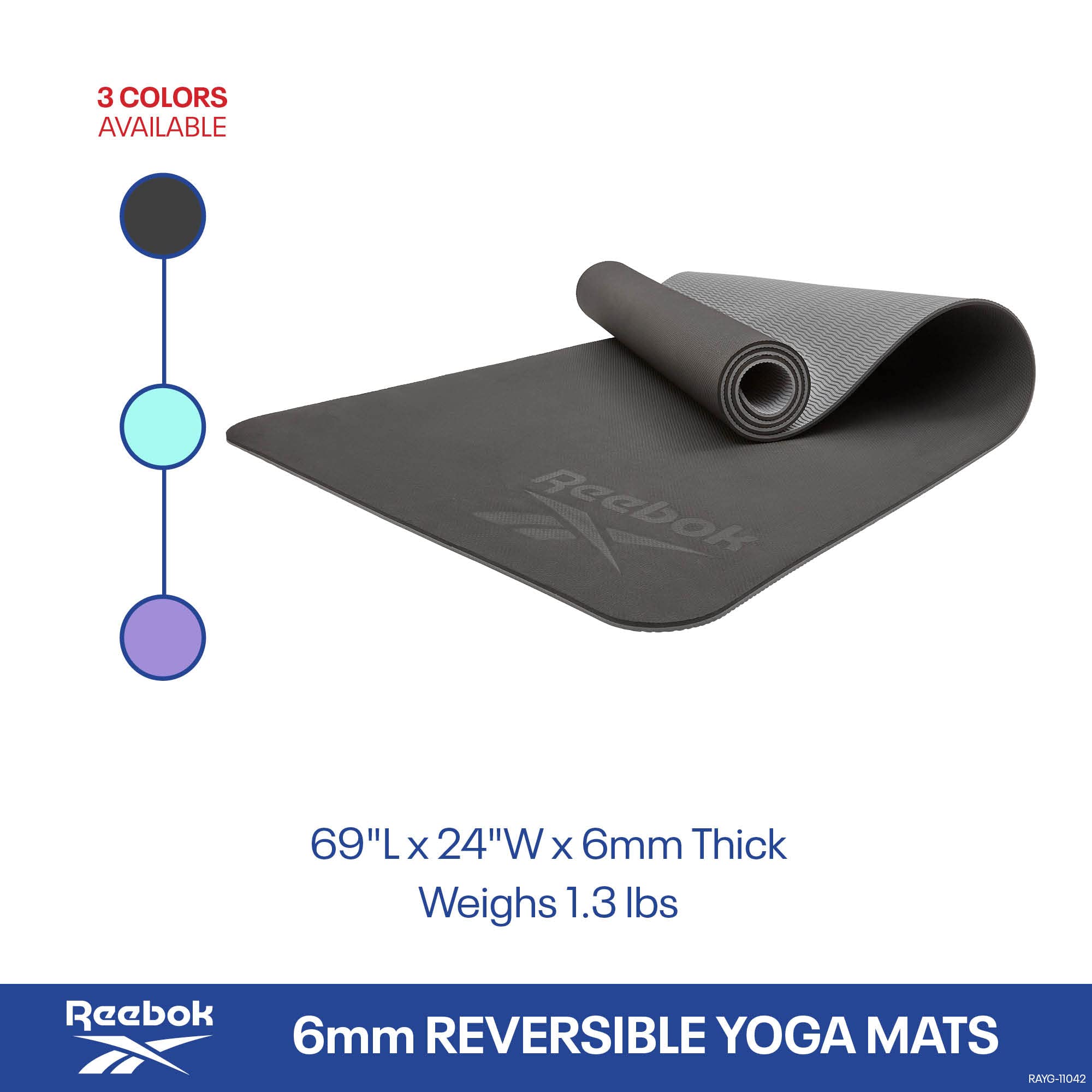 Reebok Double-Sided Yoga Mat - Lightweight, Compact, Rollable, and Cushioned Supportive Workout Mat for Yoga, Pilates, and General Exercise - Non Slip Base with Reversible Design - 6mm, Purple