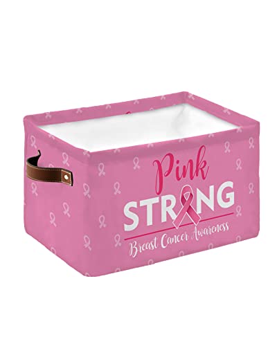 Pink Ribbon Storage Baskets for Organizing, Breast Cancer Awareness Women Bow Fabric Storage Bins for Shelf, Collapsible Cube Bin with Handles for Closet(15''x11''x9.5'')