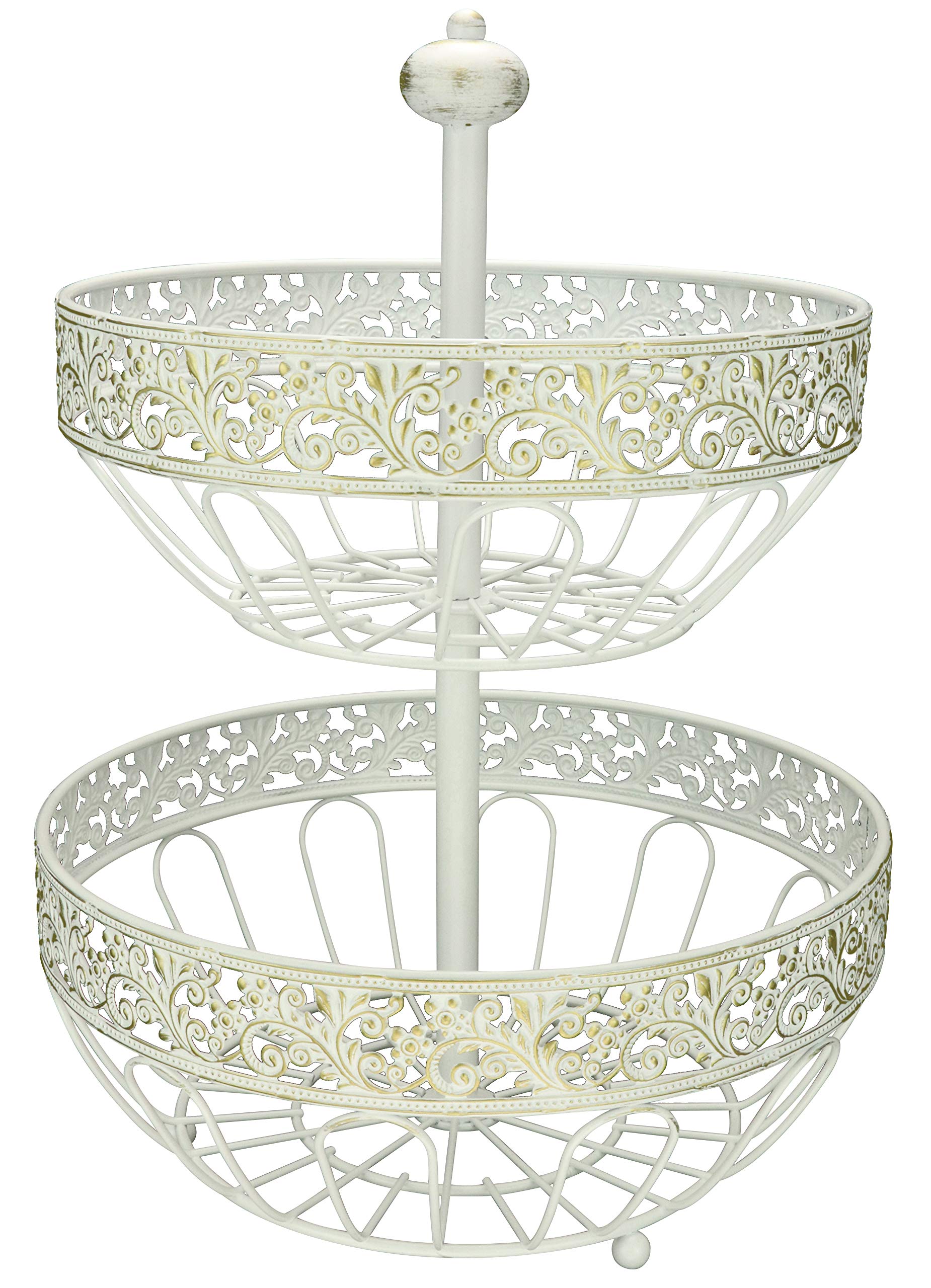 ROSYLINE 2 tier fruit basket, fruit bowl, multi-purpose kitchen and living room storage fruit and vegetable basket (White Brushed Bronze)