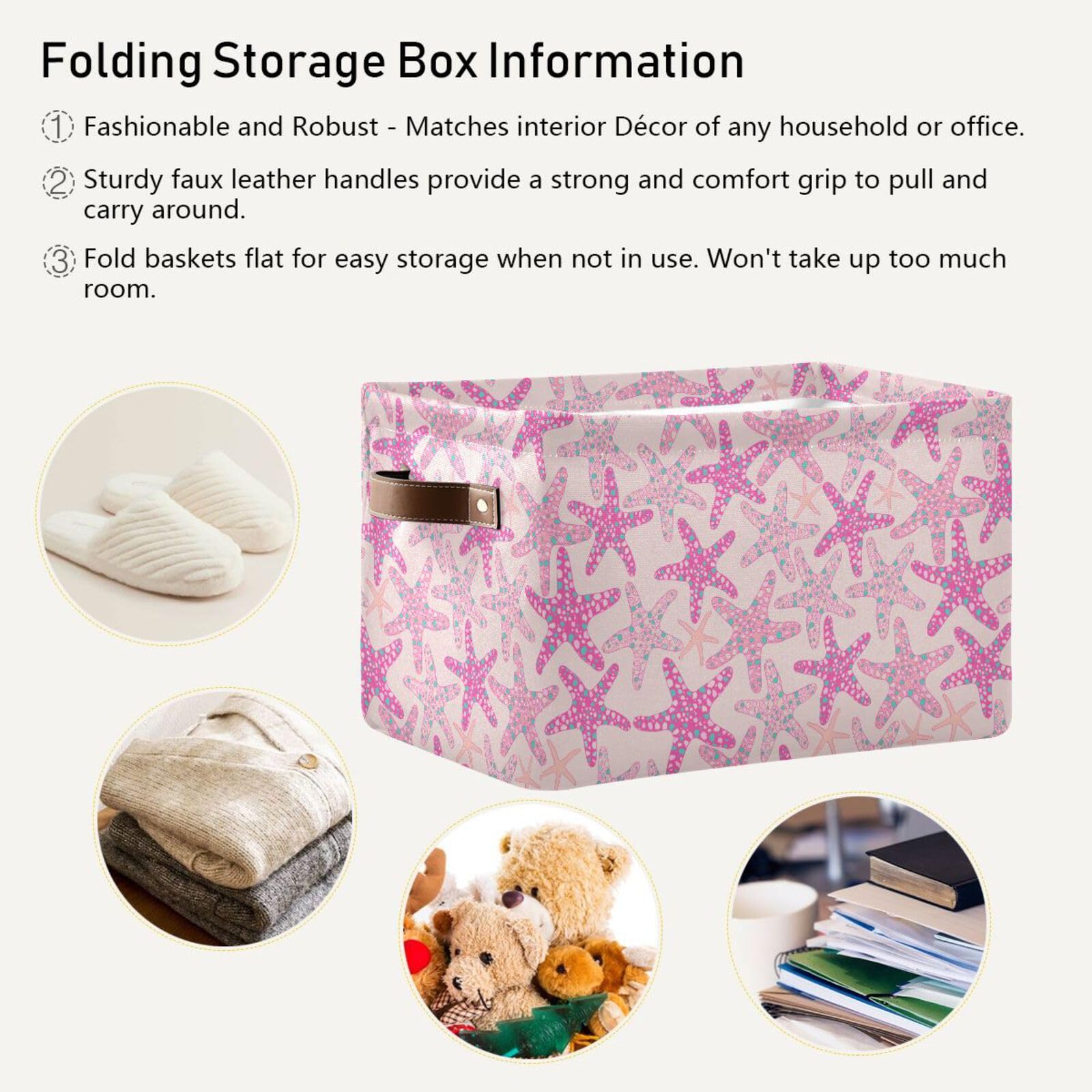 Pink Starfish Storage Basket Bins Sturdy Toy Storage Organizer Bins Laundry Basket with Handles for Playroom Living Bed Room Office Clothes Nursery,1 pcs