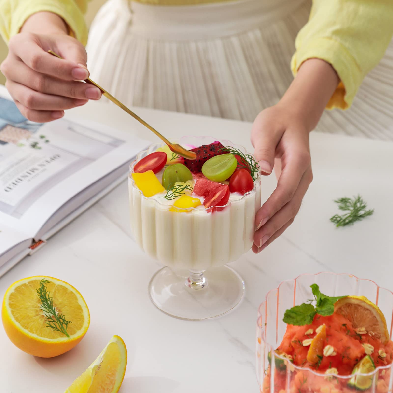 Trifle Bowl Glass with Pedestal, Wave Shaped Crystal Clear Glass Individual Ice Cream Bowls, 18.0 oz Set of 4, Large Decorative Dessert Bowls, Sundae Bowls, Fruit, Salad, Pudding, Snack, Trifle, Nuts