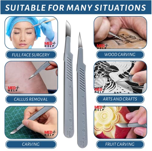 MedHelp Disposable Scalpels #10 + 11 β Box of 20 Disposable Dermaplaning Blades with Plastic Handle, Scalpel Blades, High Carbon Steel Dermablade Blades Individually Wrapped Sterile