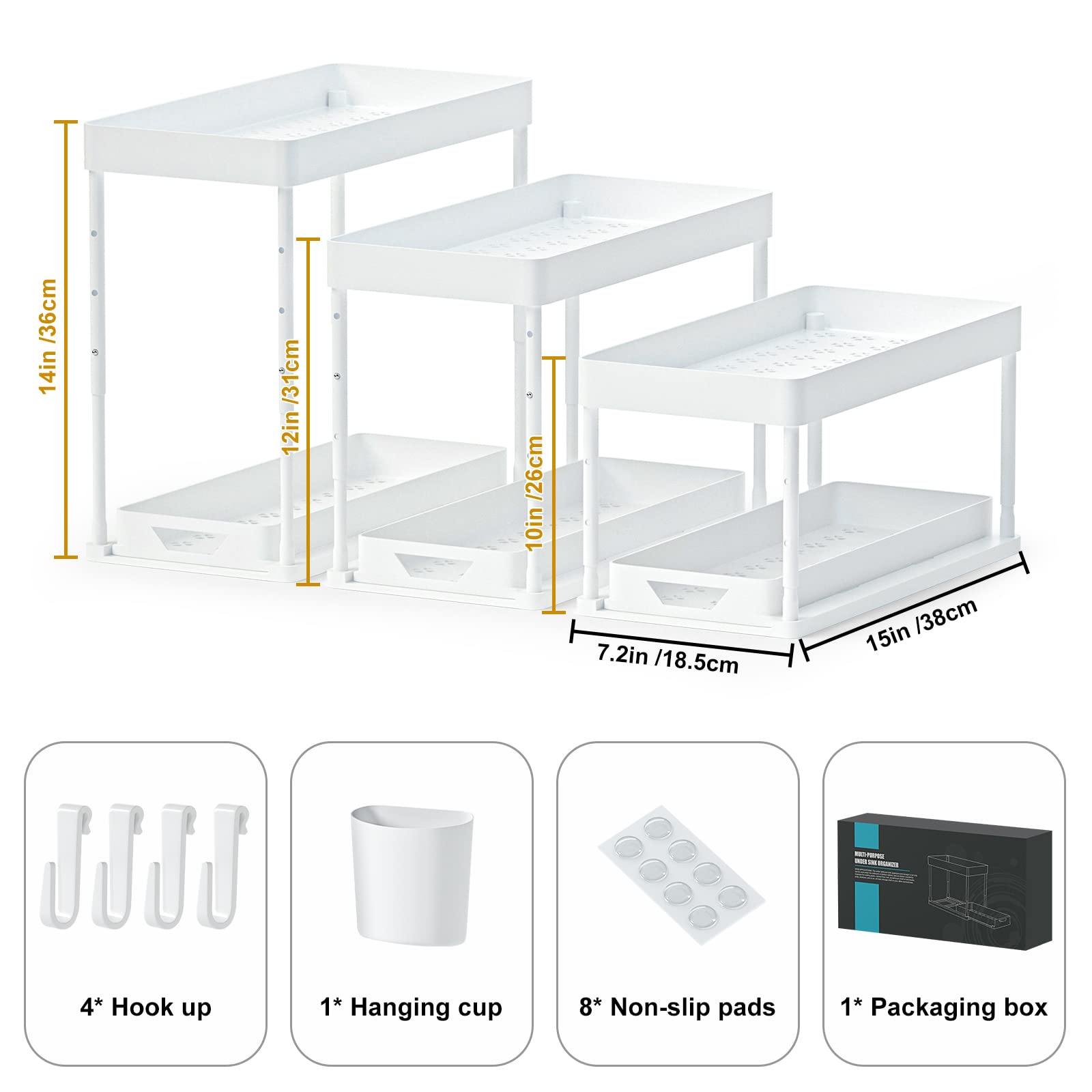 Seasky 2 Pack Adjustable Height Under Sink Organizers and Storage, 2 Tier Sliding Bathroom Organizer, Kitchen Organizer Multipurpose Under Sink Cabinet Storage with 8 Hooks and 2 Hanging Cup
