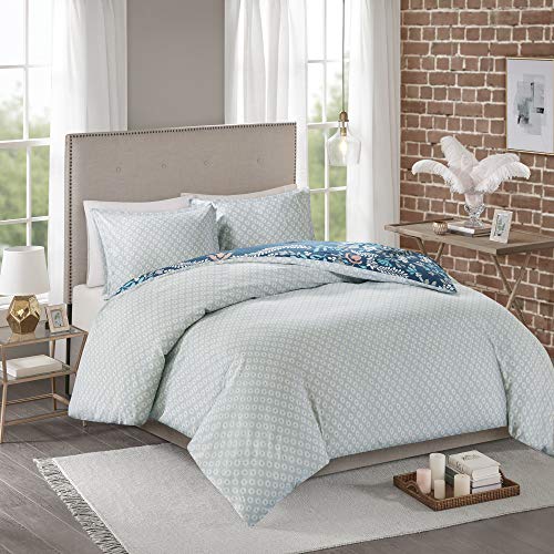 Madison Park Eden 3 Piece Cotton Printed Reversible Duvet Cover Set, Full/Queen(90"x90"), Navy