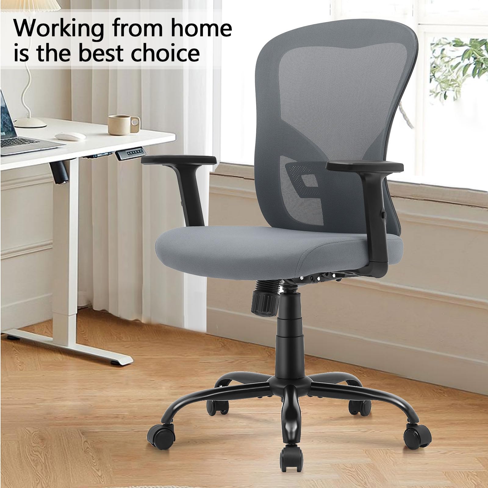 Office Chair Ergonomic Desk Chair with Adjustable Lumabr Support & 2D Armrest, Home Office Desk Chairs Breathable Rocking Computer Executive Chair Adjustable Height Task Chair350lbs (Grey)