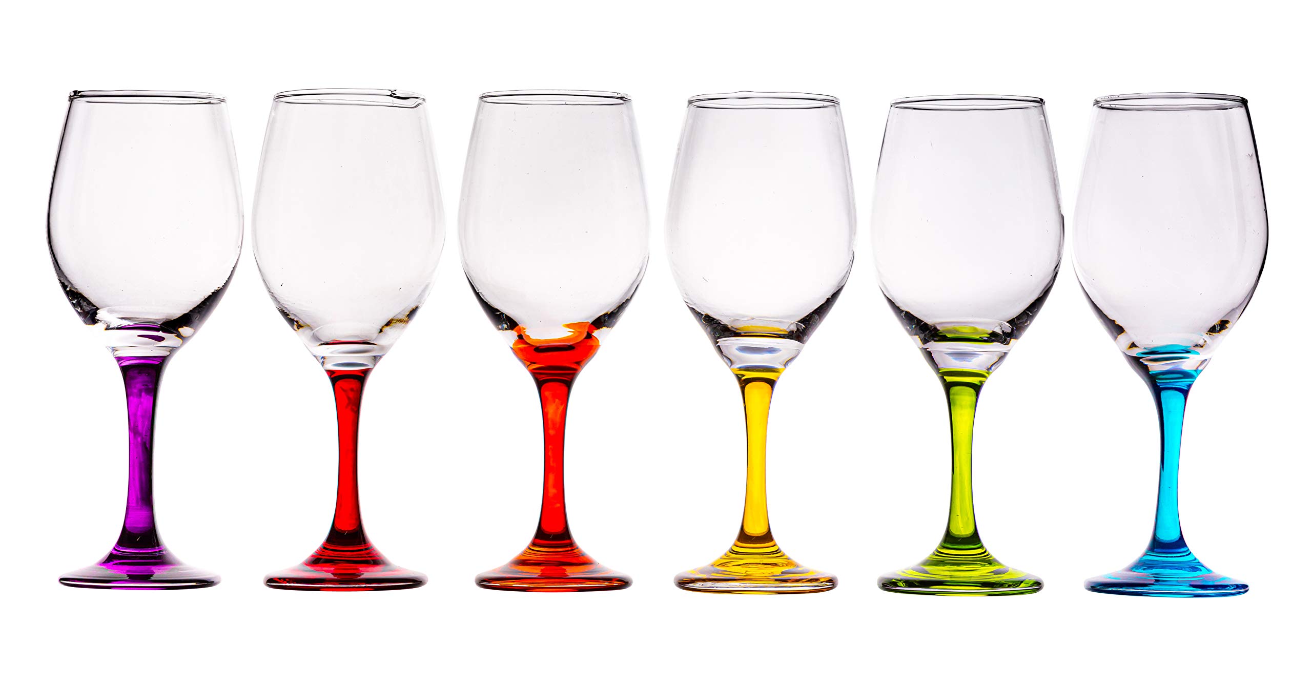 Trinkware Colored Stem Wine Glasses Set of 6 - Multi Yellow, Orange, Purple, Blue, Red, Green - Fun Party Wine Goblets -11oz