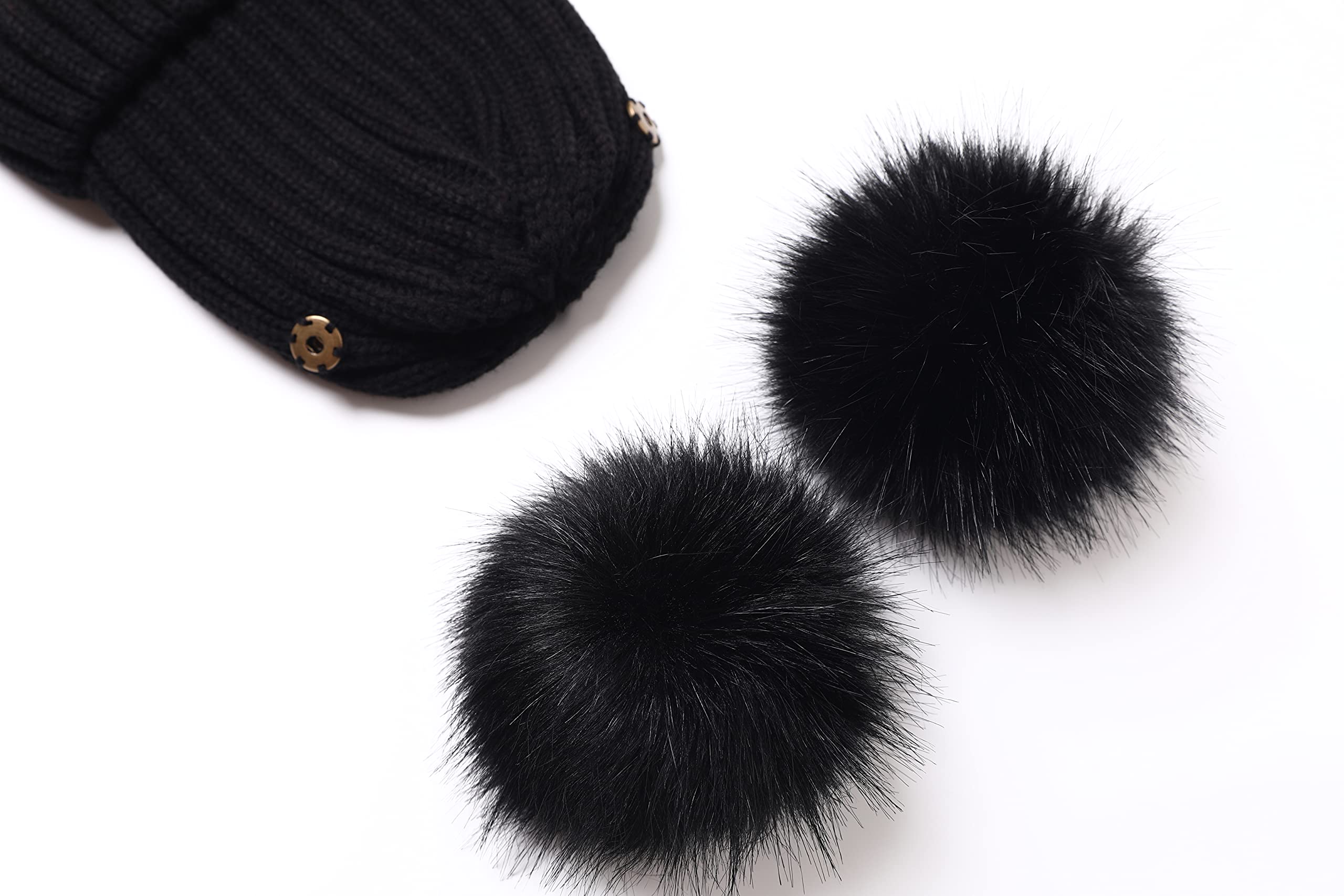 Roniky Womens Winter Hat Cable Knit Silk Satin Lined Beanie for Women Girls Double Faux Fur Pom Pom Ears Black