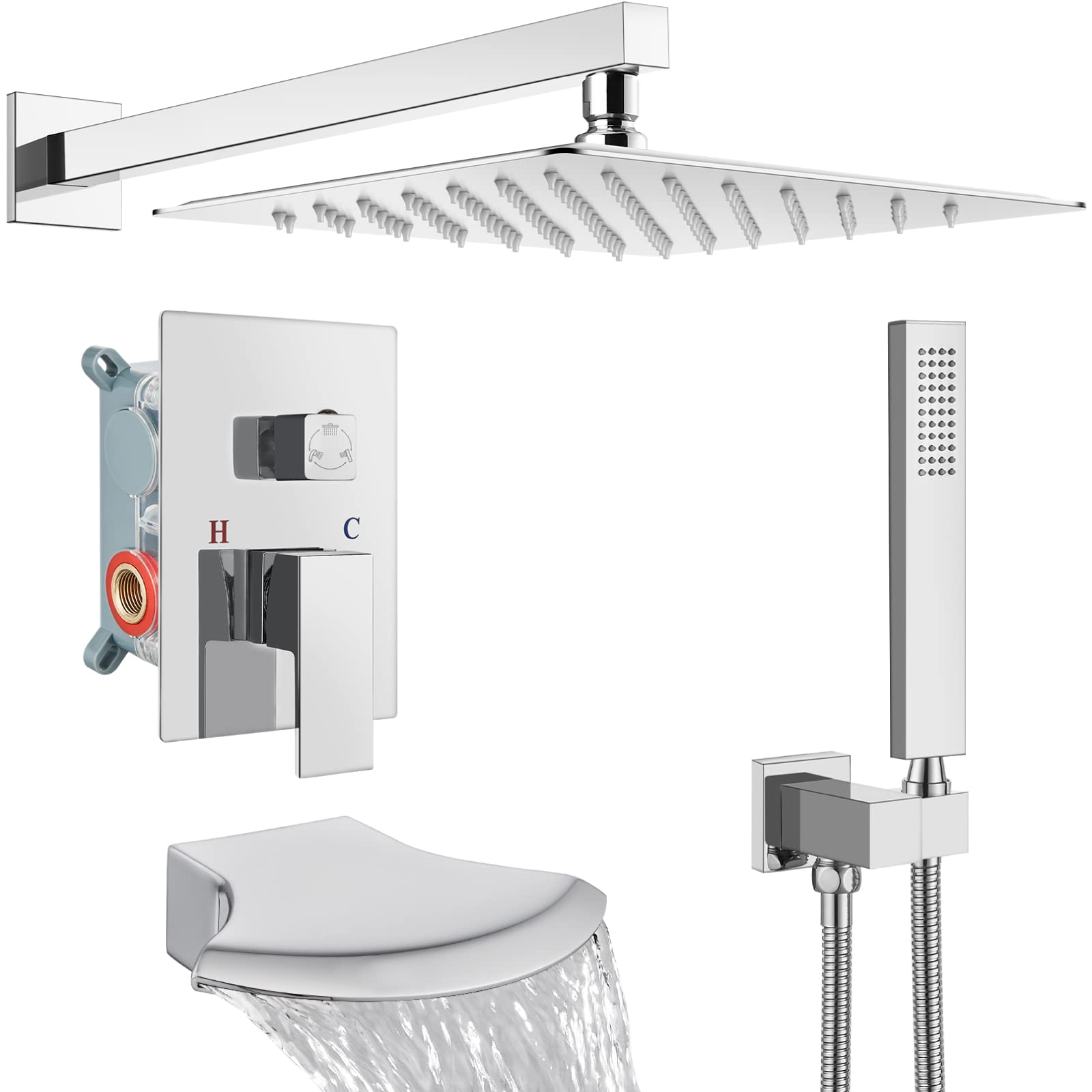 Midanya Rain Shower System Tub Shower Faucet Set Square Rainfall Shower Head with Handheld Sprayer and Waterfall Tub Spout Combo,Wall Mount Shower kit,Matte Black 12 Inch