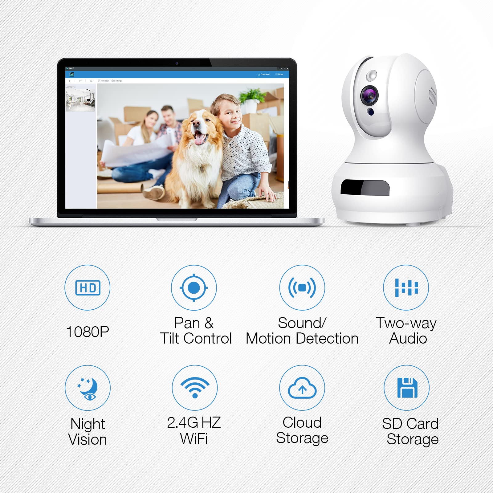 Pet Camera, Indoor Camera with Pan Tilt Zoom, WiFi Camera Indoor with Remote Viewing, Baby Monitor with Camera and Audio, Night Vision, Motion Detection, 2-Way Audio, SD Card/Cloud Storage