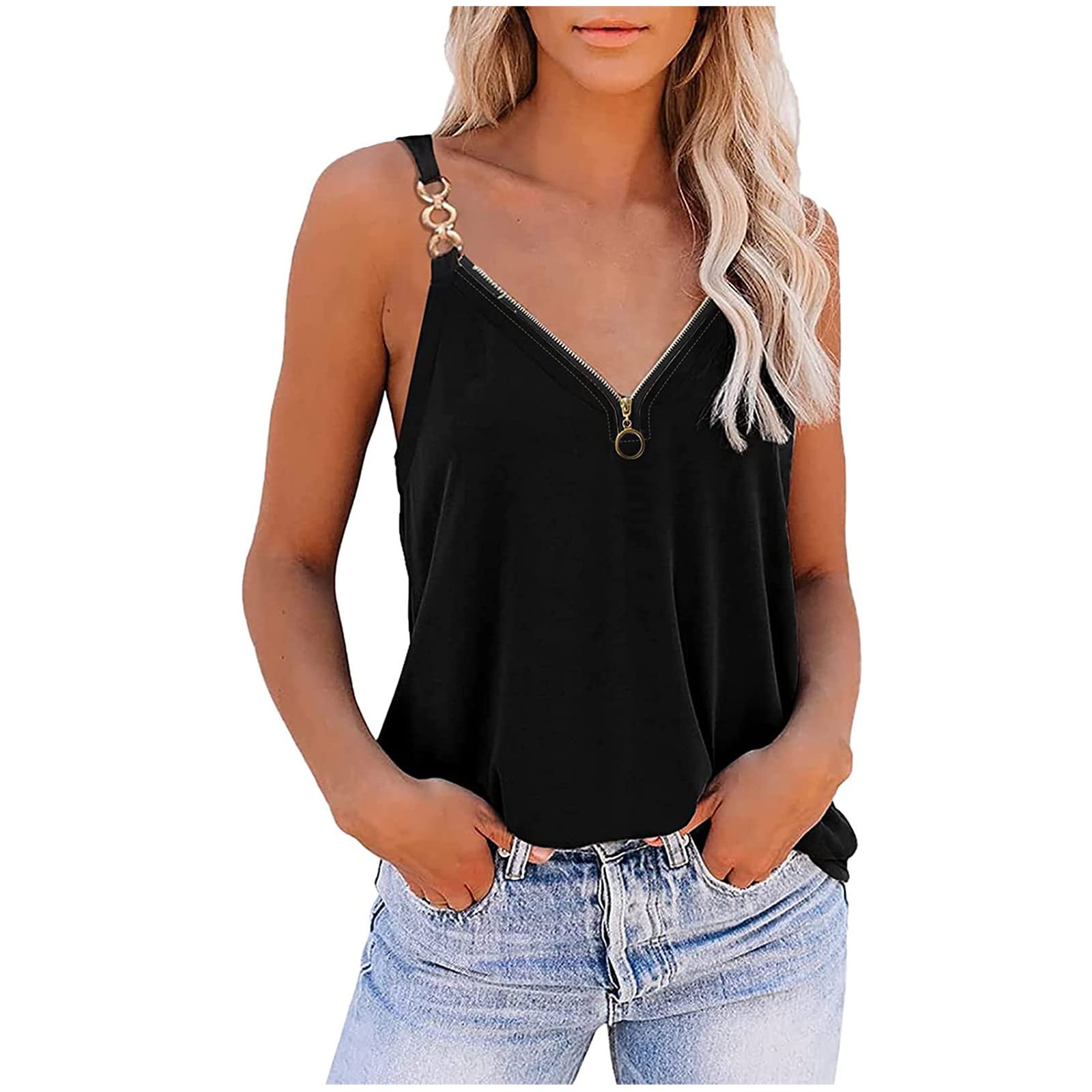 Tirantes Encaje Cuello en V Chaleco Top Sling Solid Tank Recortada Bottoming Slim T Shirt Túnica Blusas sueltas,U2-Black,Medium