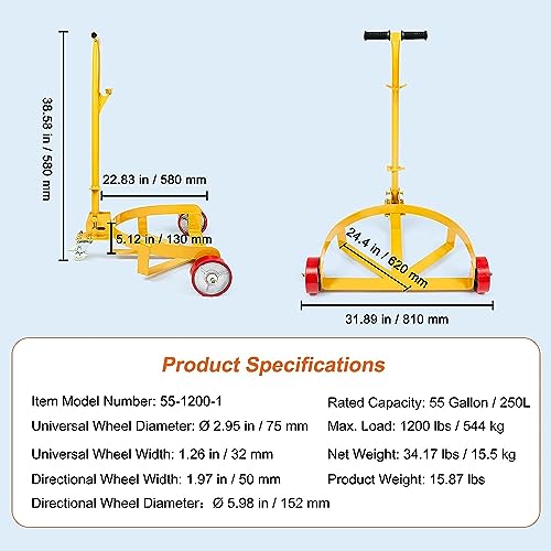 VEVOR 55 Gallon Drum Dolly, Low Profile Barrel Dolly Cart Oil Drum Caddy Round Dolly, 1200 lbs Load Capacity, Heavy Duty Steel Drum Dolly with Adjustable Handle for Workshop Factory Warehouse