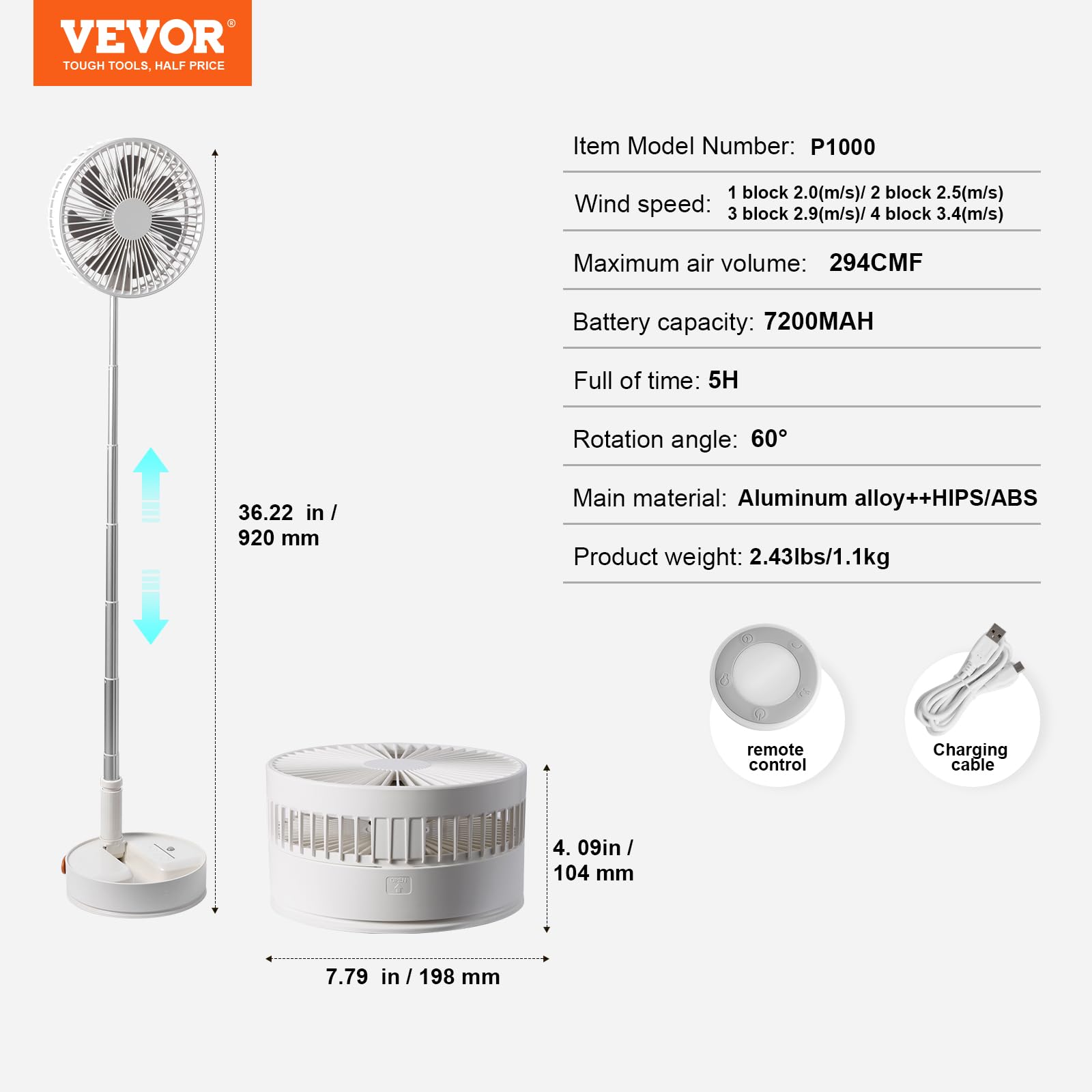 VEVOR 12 Inch Foldable Oscillating Standing Fan with Remote Control, 8 Speed Adjustable Portable Desk Quiet Fan, 10800mah Rechargeable USB Fan, Folded Rotating Floor Fan for Bedroom Office Travel