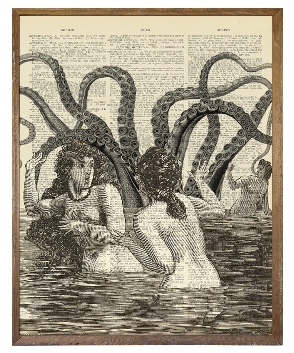 Octopus Tentacles Retro Steampunk Wall Art - Pirate Mermaid Pictures for Wall - Vintage Angry Octopus Wall Decor - Nautical Poster Print Bathroom Bedroom - Unique Kraken for Guest Bath Lovecraft Gift