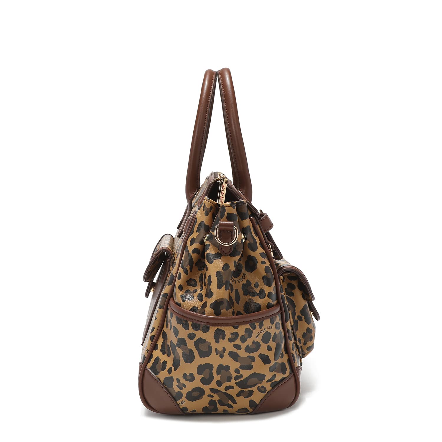 Nicole Lee Lola Leopard Print Brown/Black Medium Satchel, 8 Pockets, Phone Compartment, Card Holder, Optional Crossbody Strap
