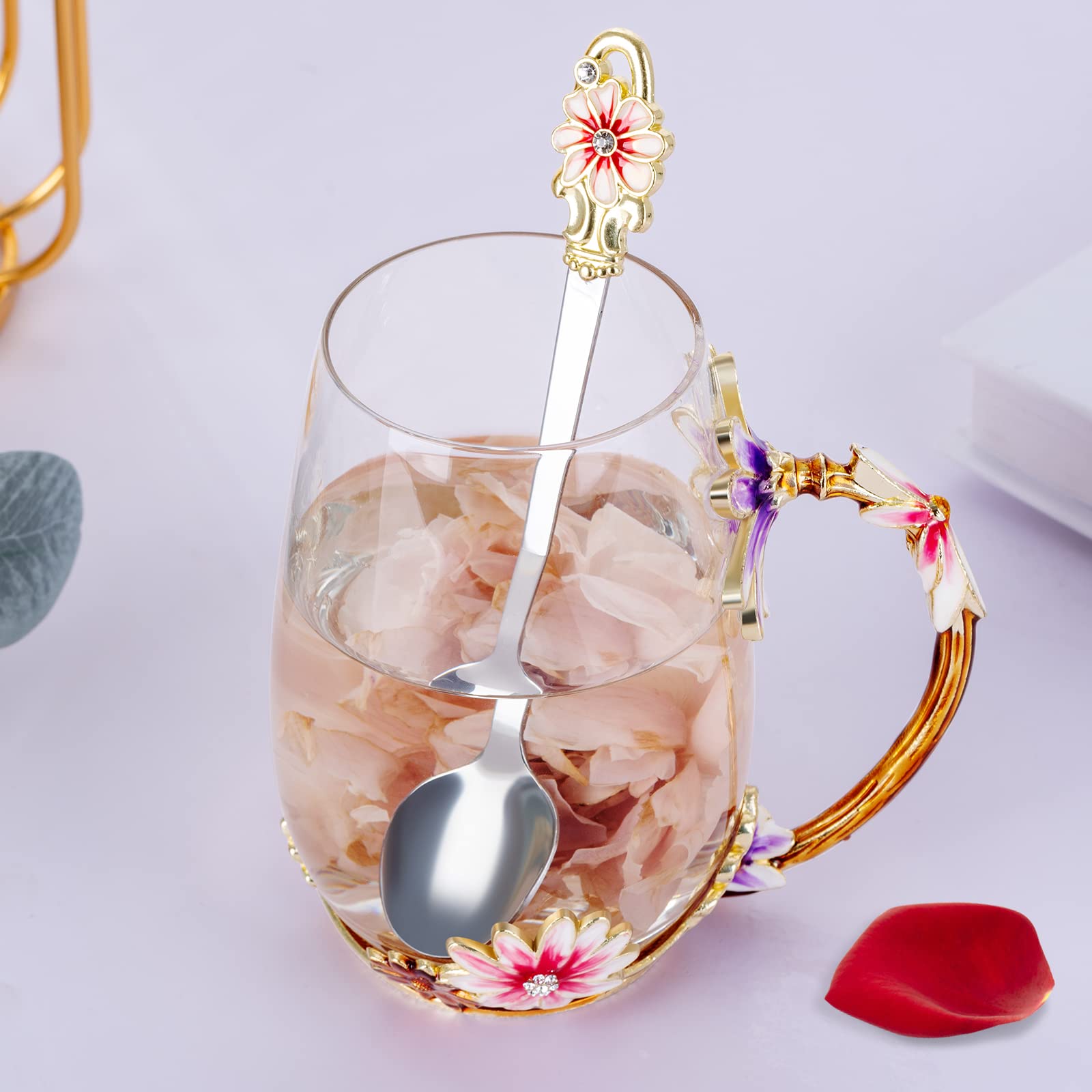SHEEYEE Gift for Women Tea Cup with Spoon Enamel Daisy Flower Glass Teacup Tea Sets for Women Mother's Day Christmas Birthday Valentine's Day