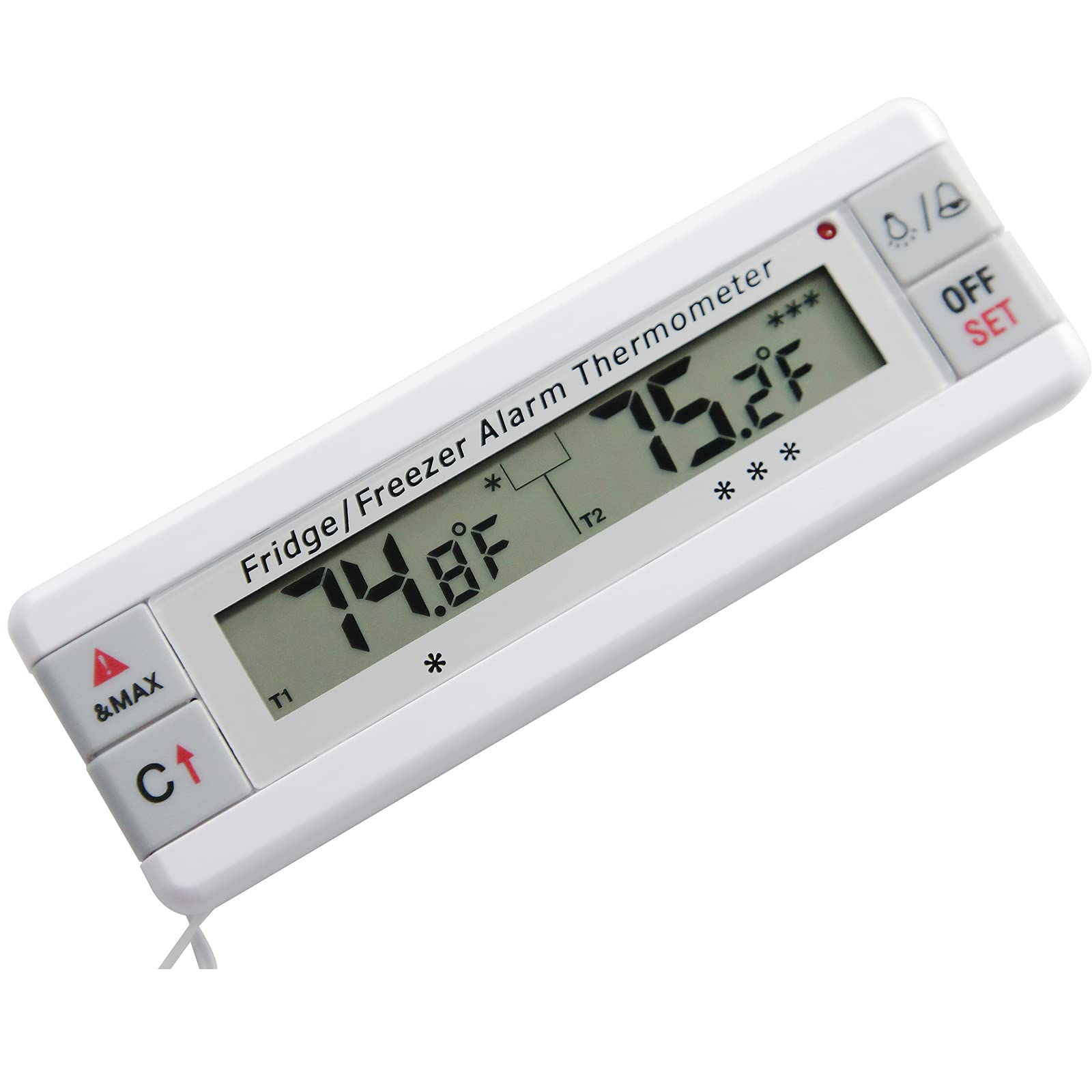 Refrigerator/Freezer Alarm Thermometer 2 Channel Fridge Thermometer with LED Alarm Indicator Max/Min Memory for Home Kitchen Restaurants Bars Cafes